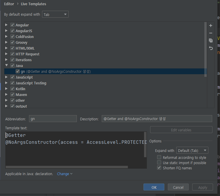 Intelli J 코드 자동생성(with Live Template) - Junggu Ji, 생각의 기록
